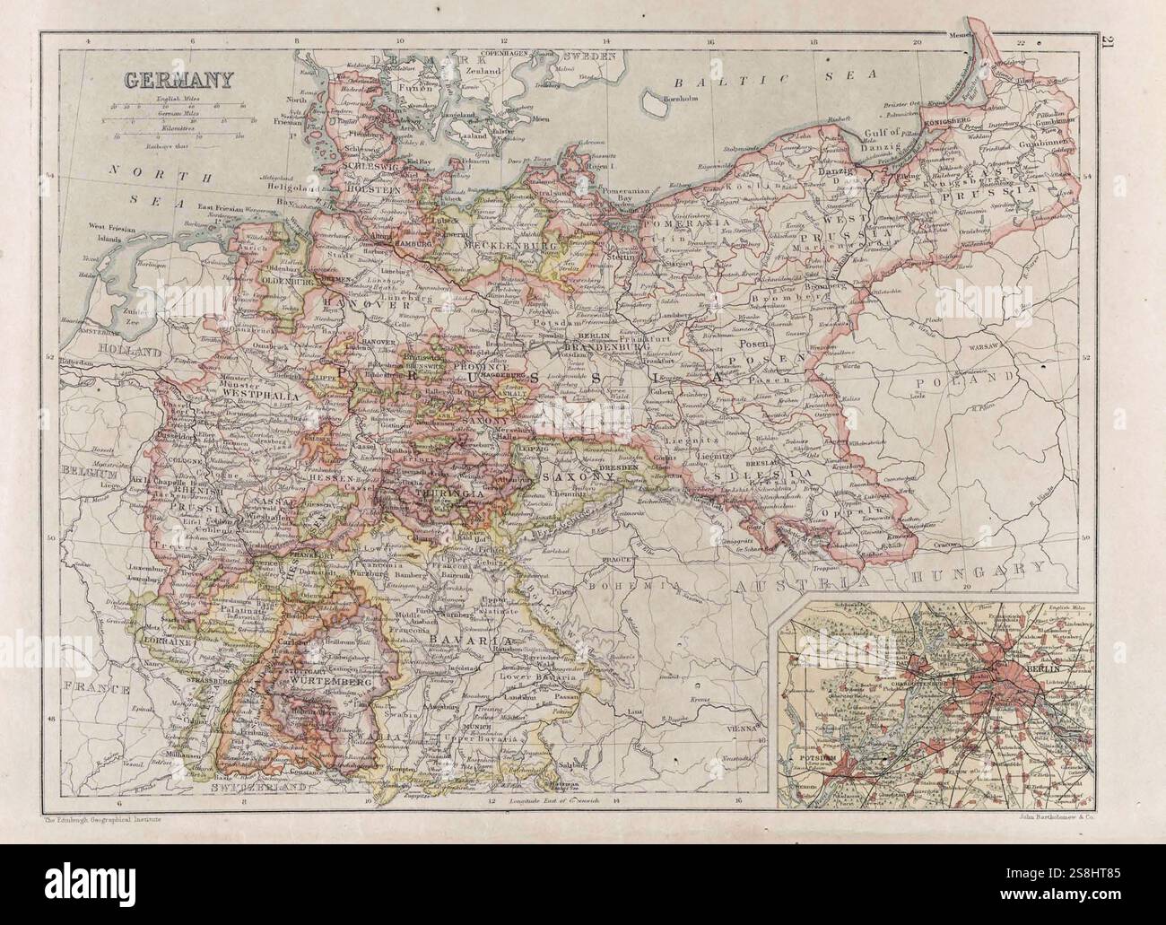 Map of Germany, with regional borders. Vintage Archive Atlas Geographic ...