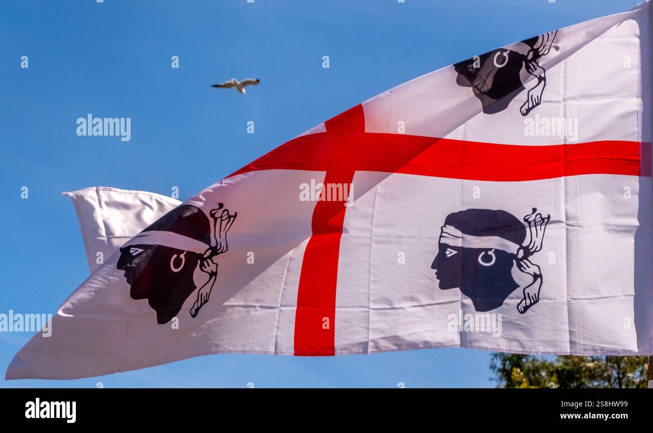 sardinian flag, white flag with red cross and four Moorish heads, Bosa ...