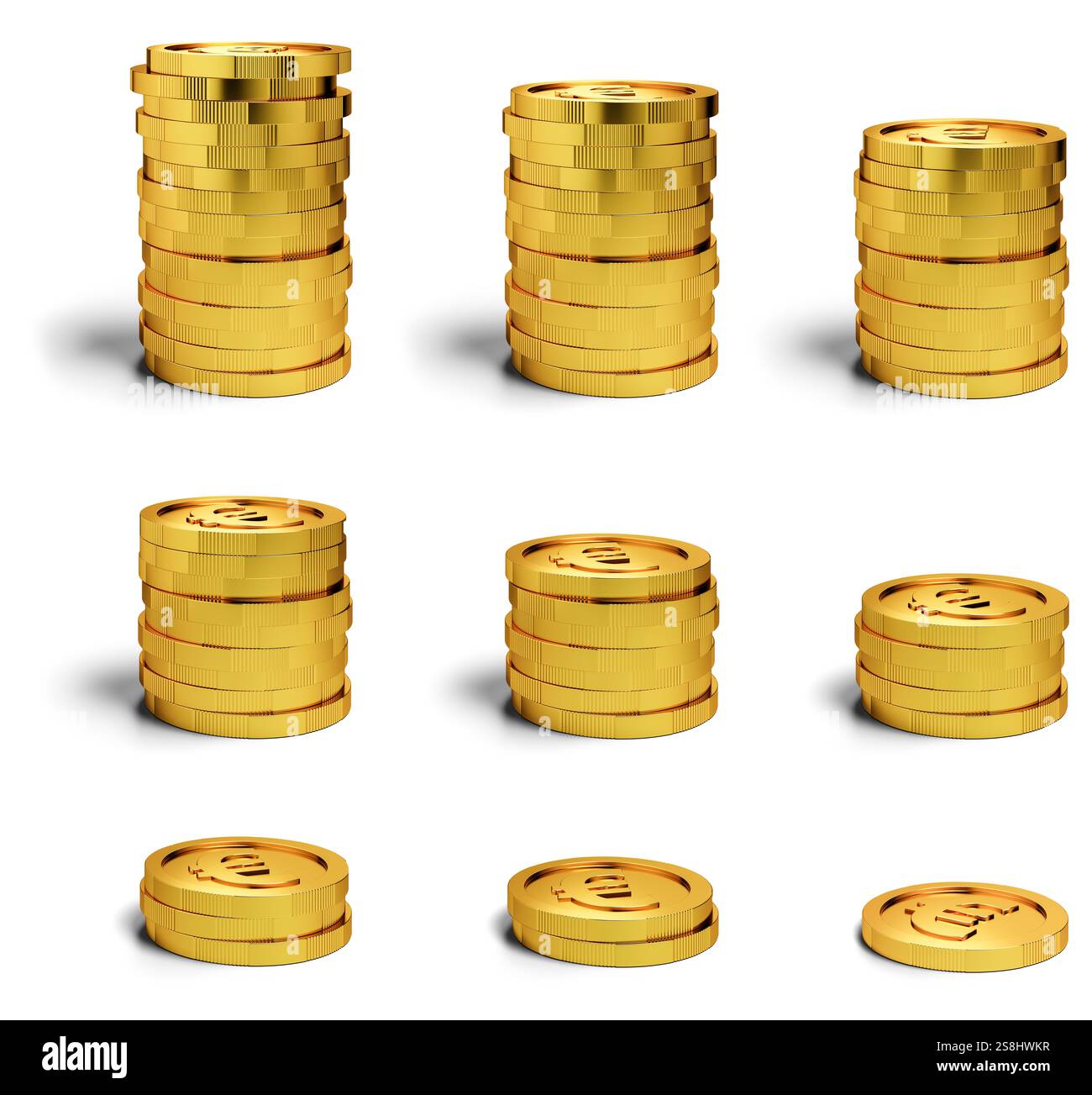 Different piles of golden coins with a grooved rim and Euro sign ...