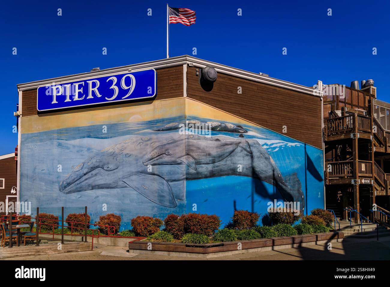 San Francisco, USA - April 30, 2022: The Pier 39 sign with a whale mural at the famous Pier 39 ...