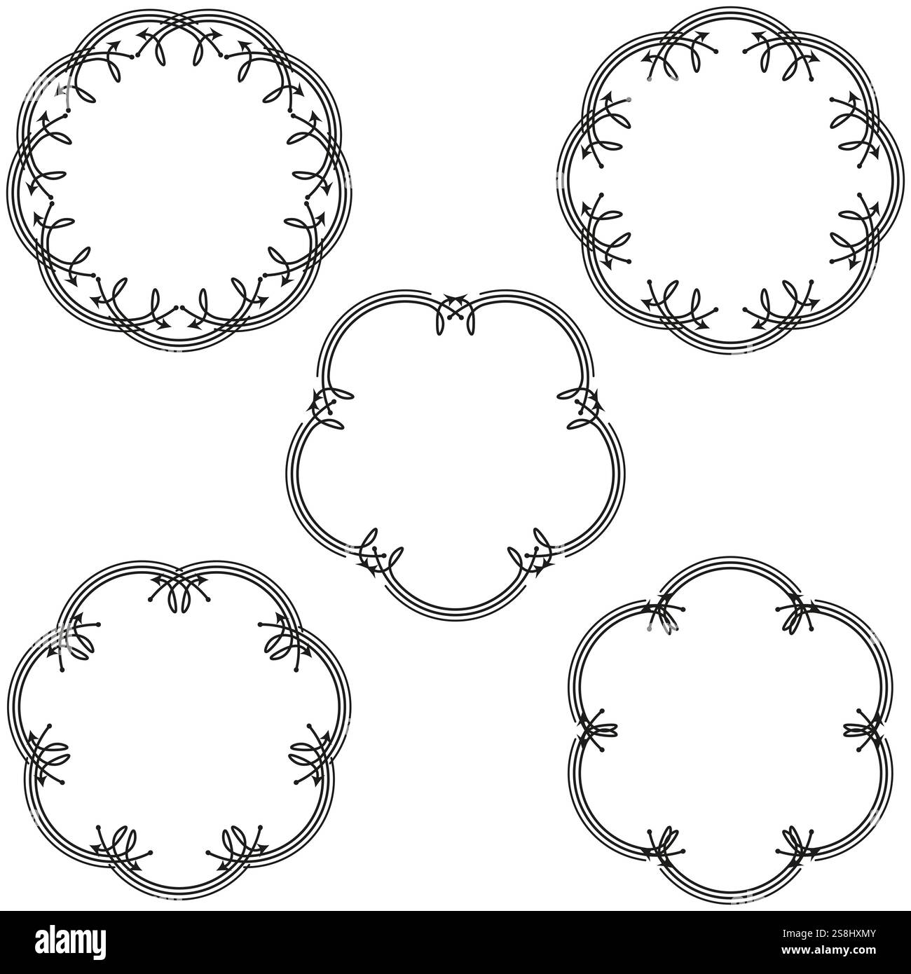 Circular frame designs. Black decorative outlines. Elegant symmetrical shapes. Vector ...