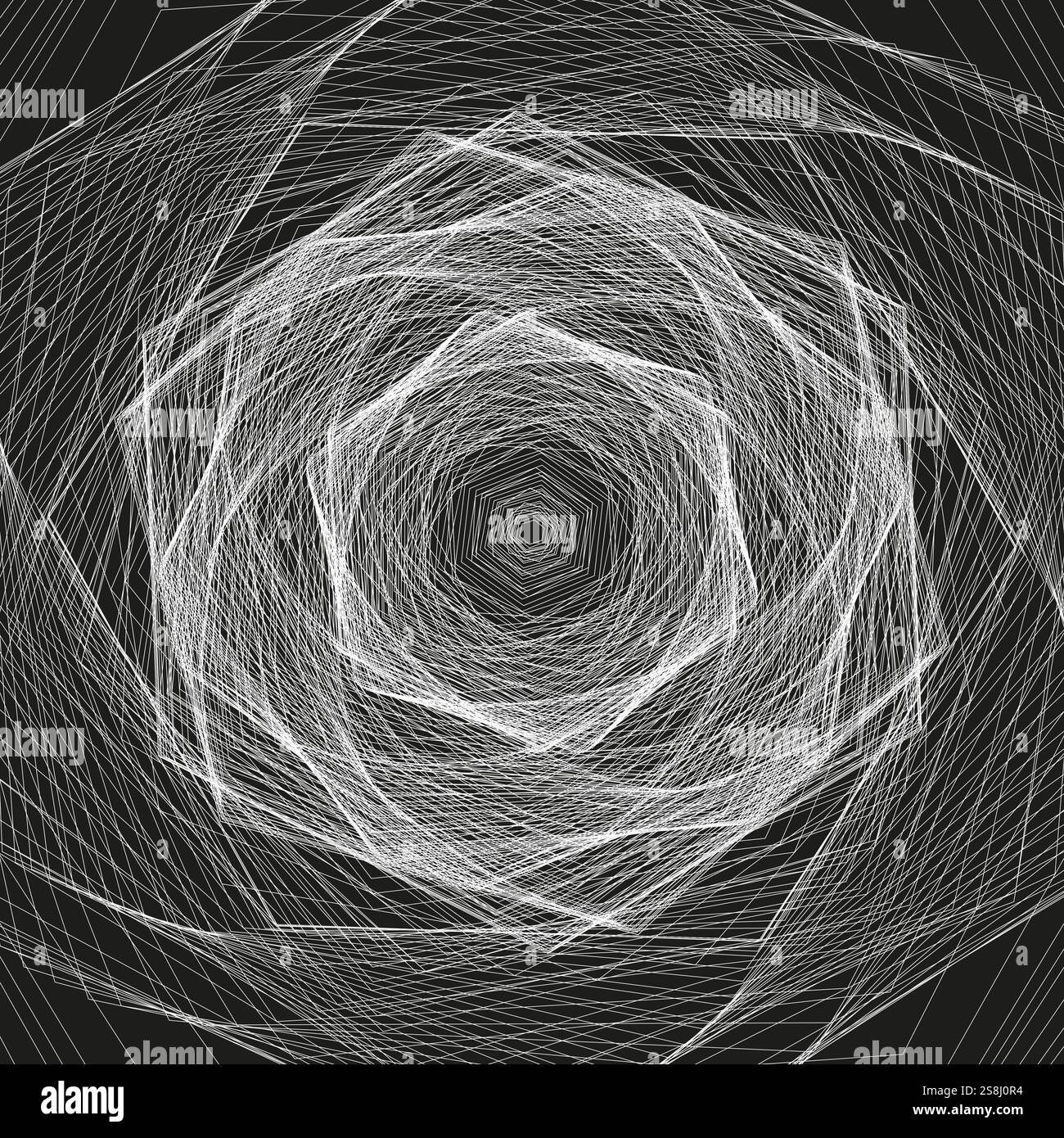 Geometric abstract design. Rotating wireframe shape. Black background contrast. Complex vector ...