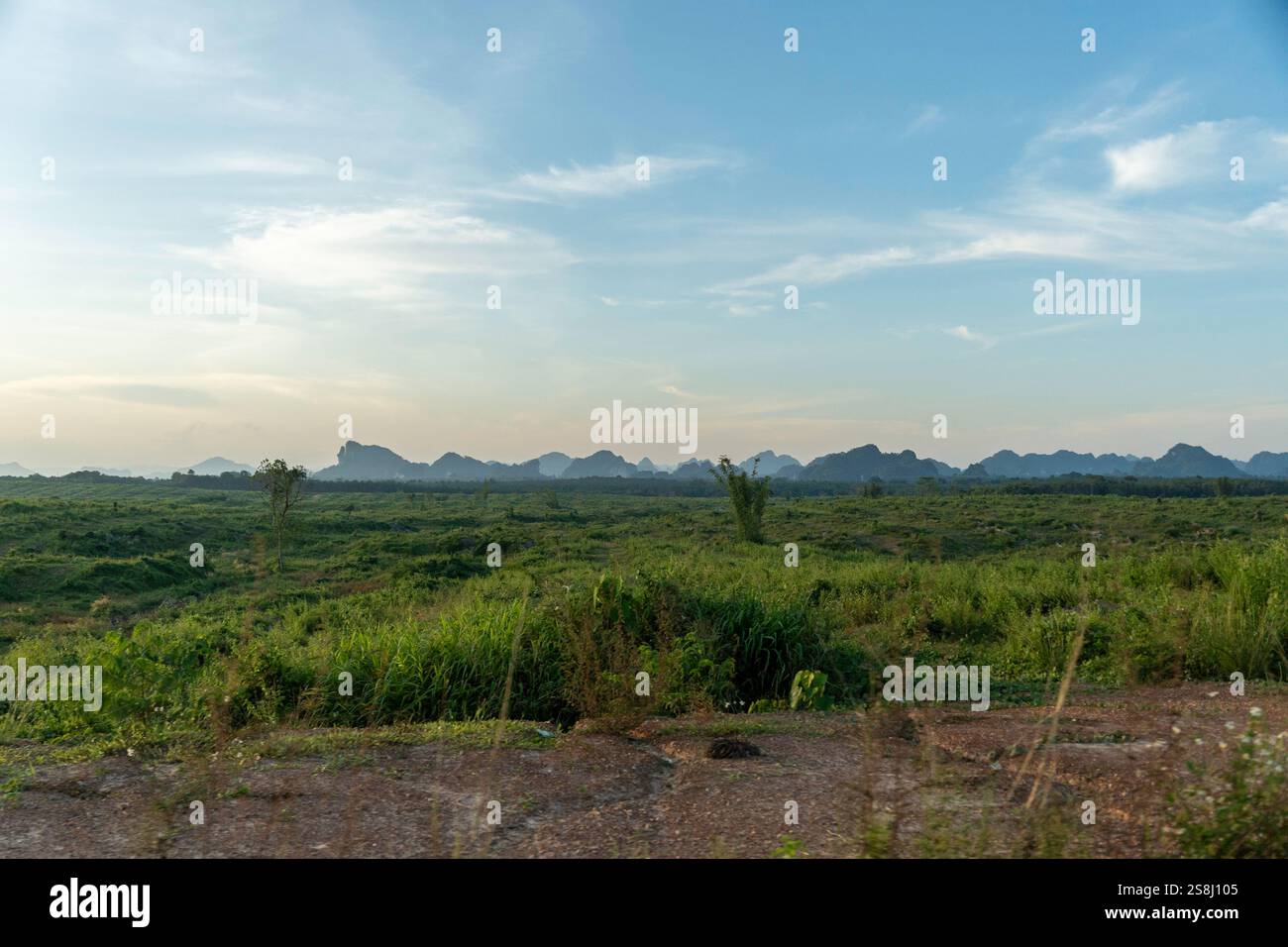 Expansive green landscape with distant mountains under a clear blue sky ...