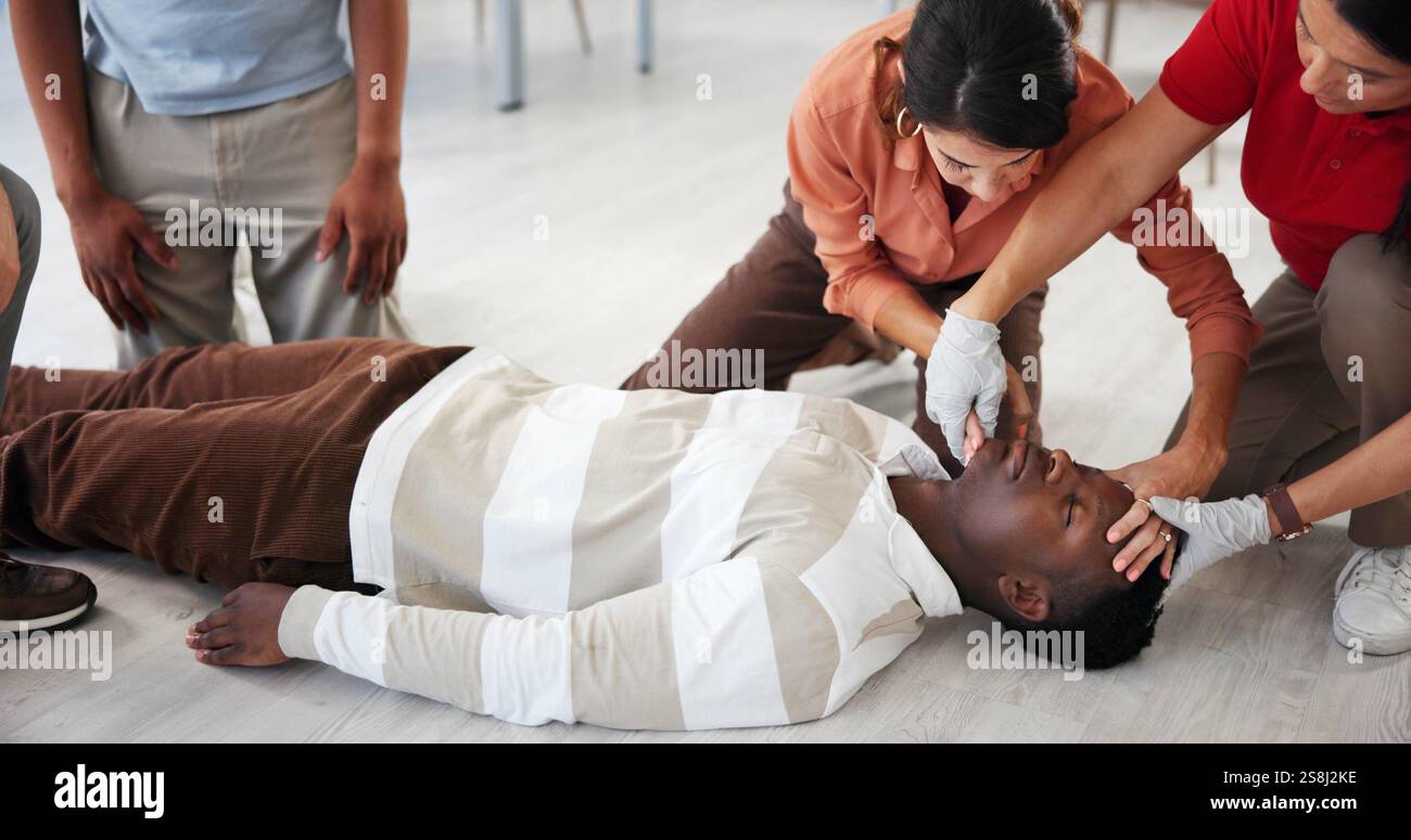 People, demonstration and class for first aid, breathing or titling for ...