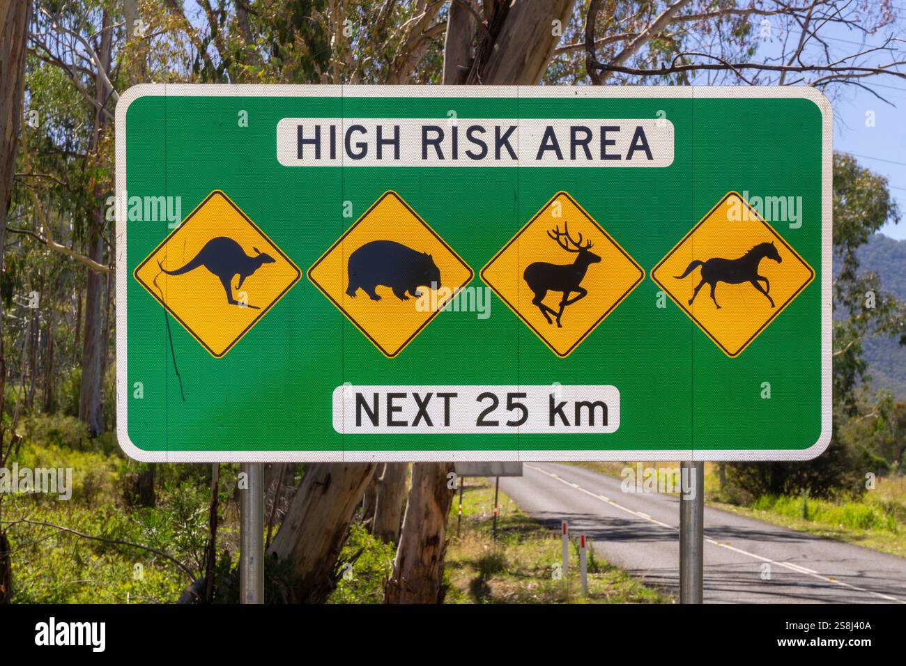 Alpine Way, NSW, Australia, 19th Jan 2025; Road sign warning road users ...