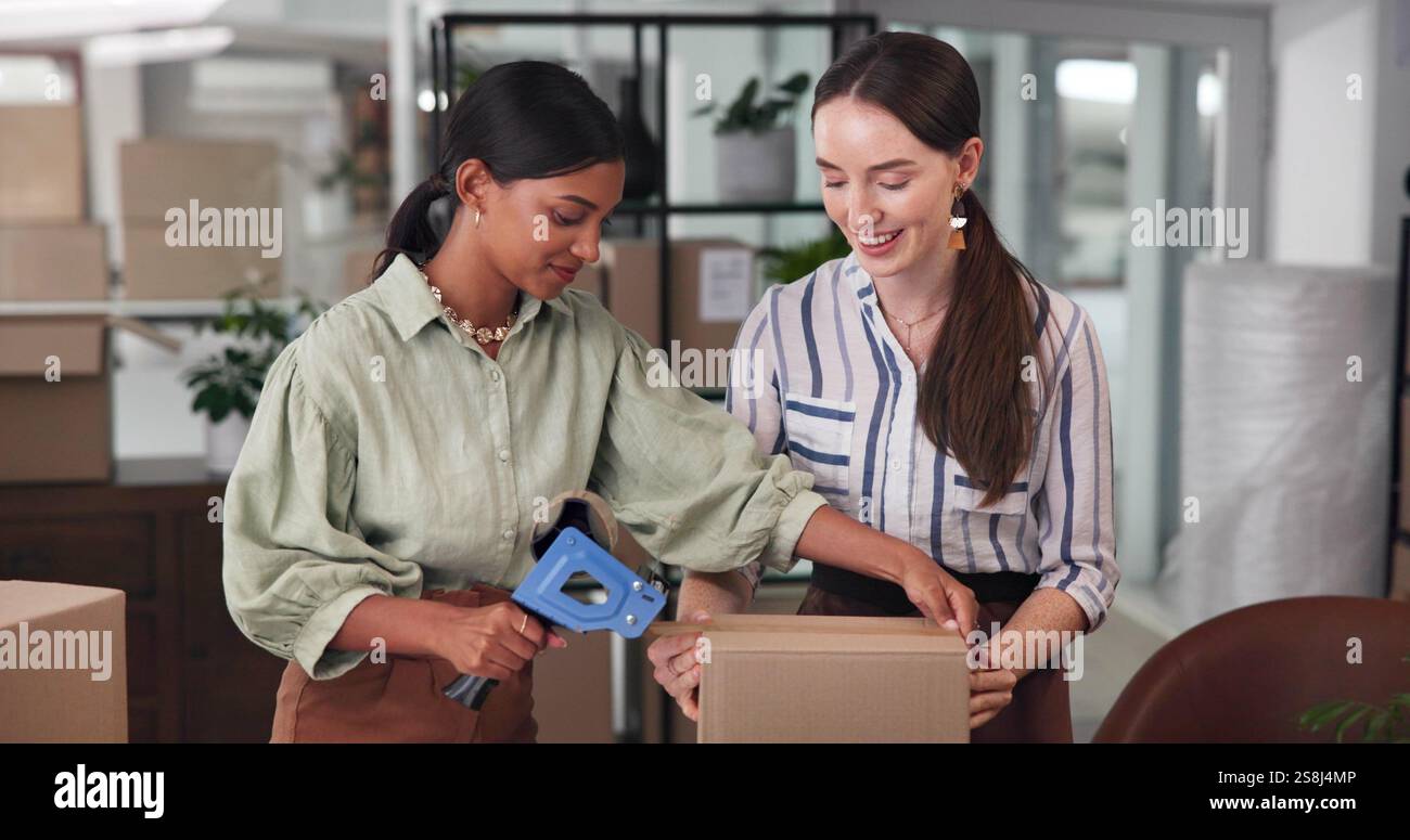 Packaging, entrepreneur and people with tape, boxes and teamwork for ...