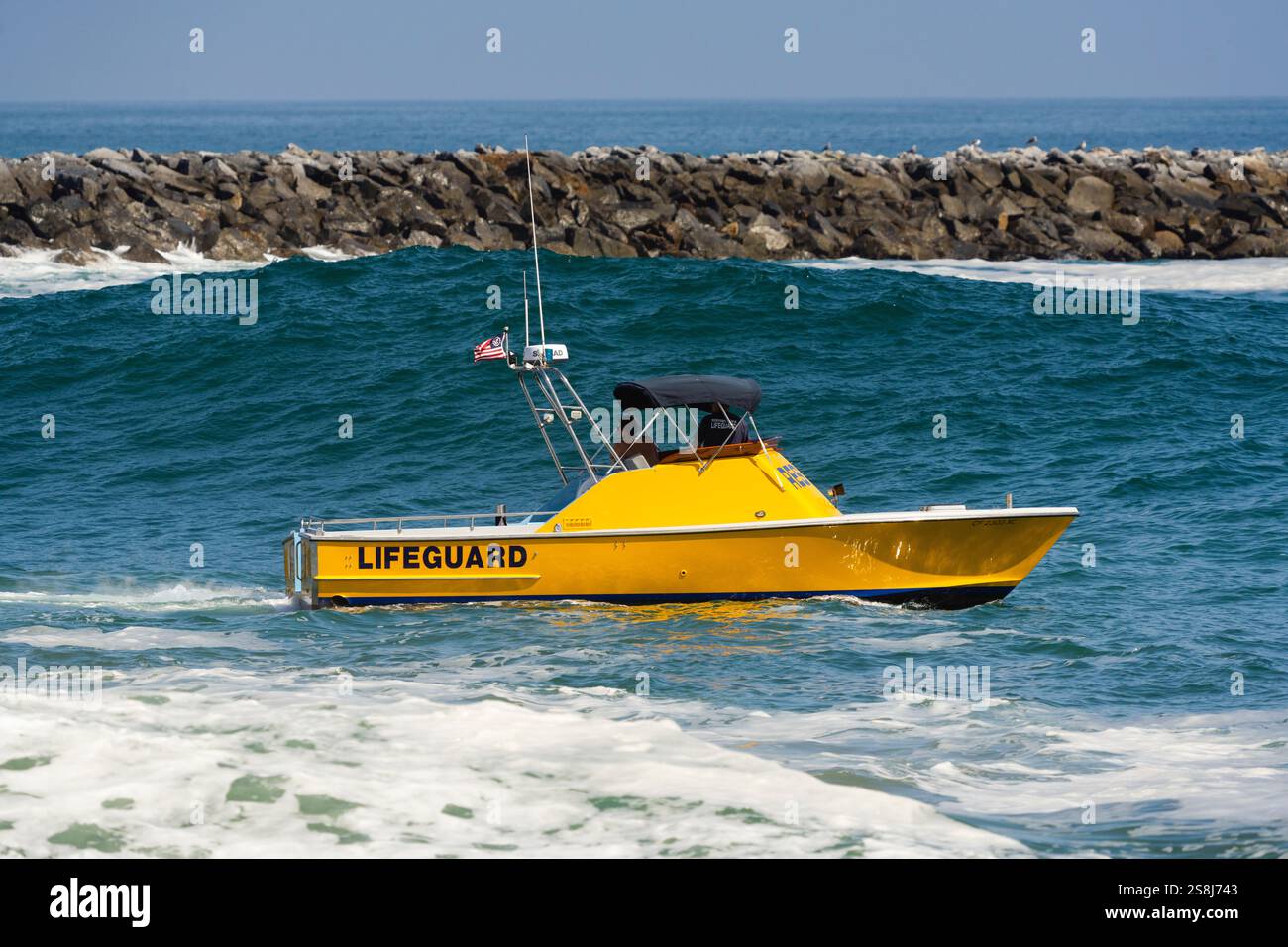 Lifeguard boat on sea, Newport Beach, California, USA Stock Photo - Alamy