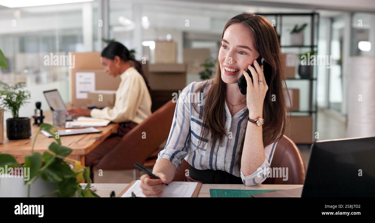 Phone call, shipping and checklist with business woman in office for ...