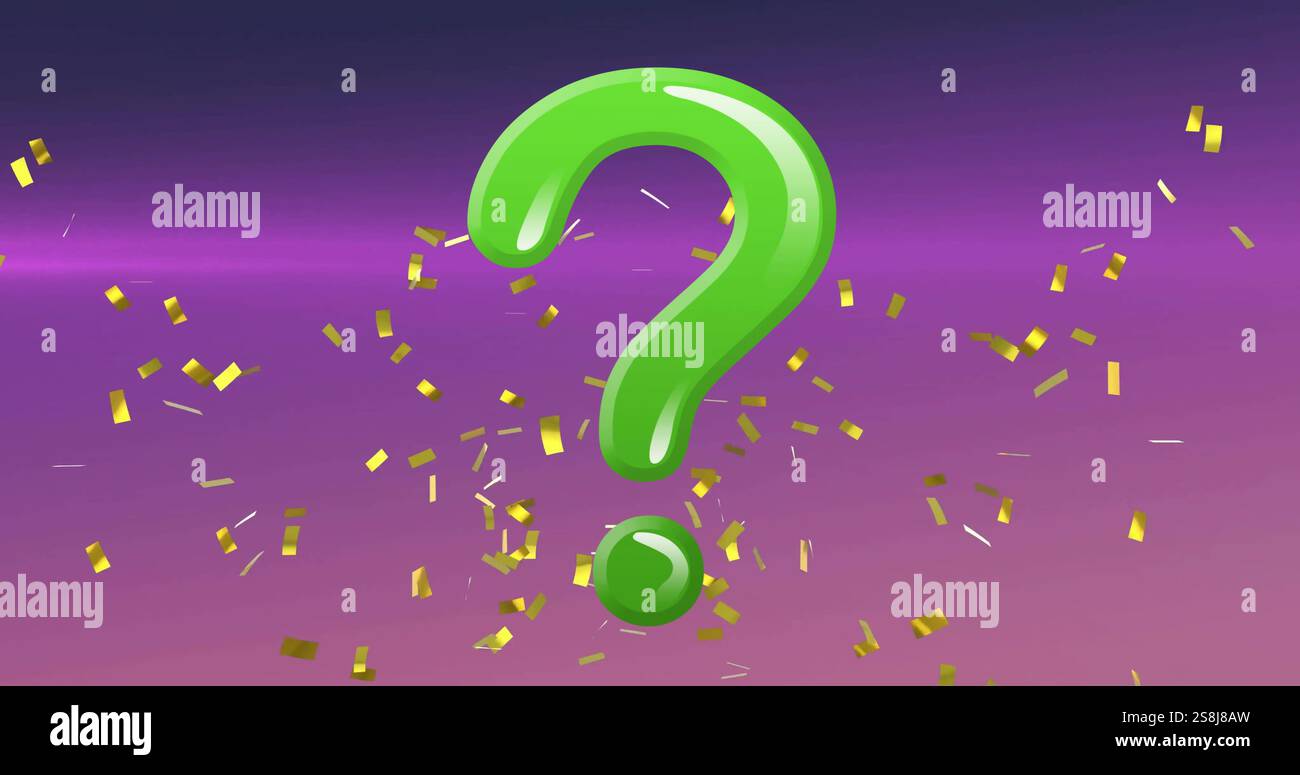 Image of green question mark and falling gold confetti on purple ...