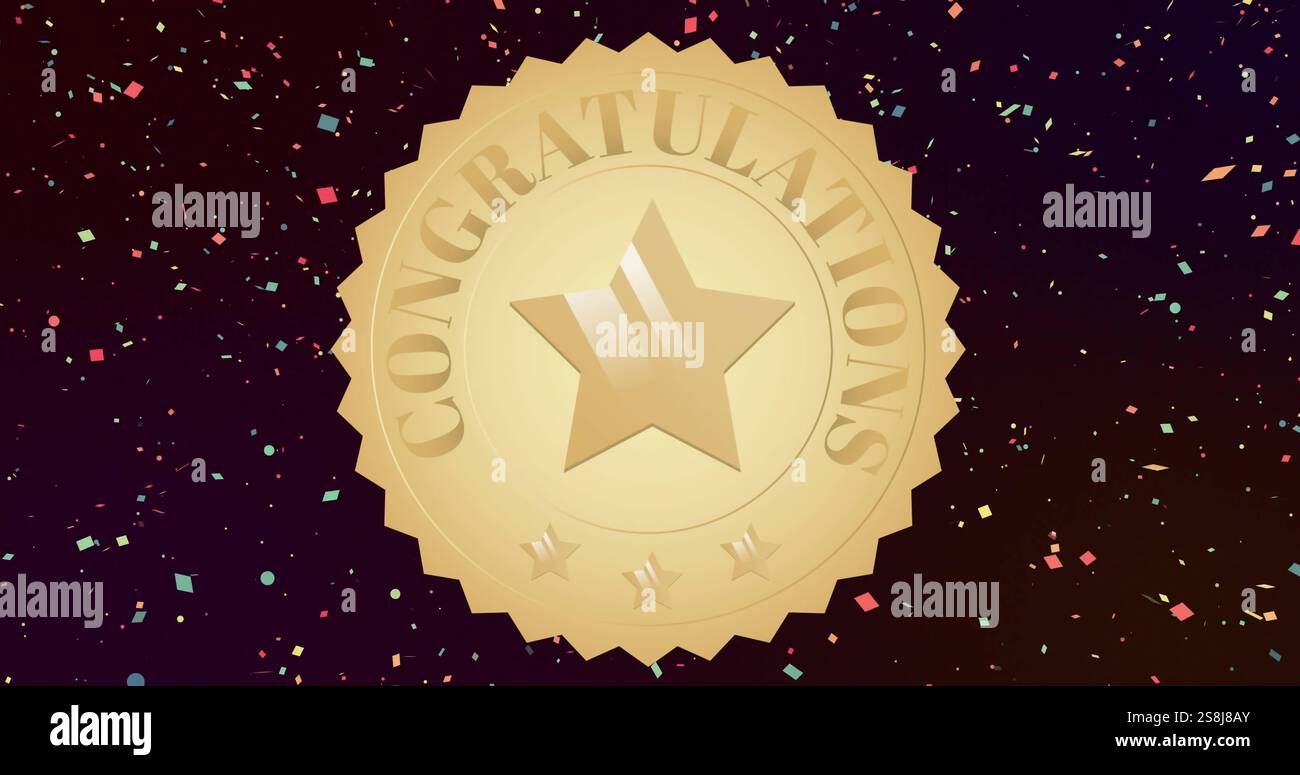 Image of congratulations text and star on gold medal, with falling ...