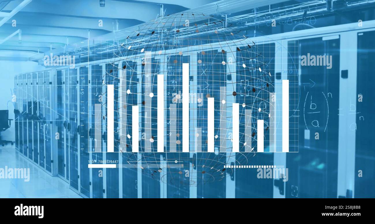 Image of diagrams with globe and data processing over server room Stock Photo - Alamy