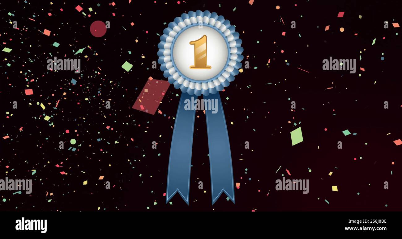 Image of blue and white rosette with number 1 and falling confetti on ...