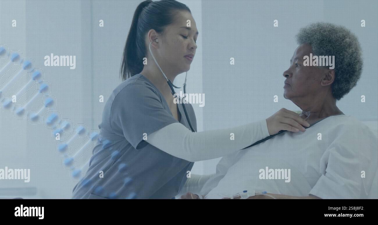 Image of dna strand over diverse female doctor using stethoscope on ...