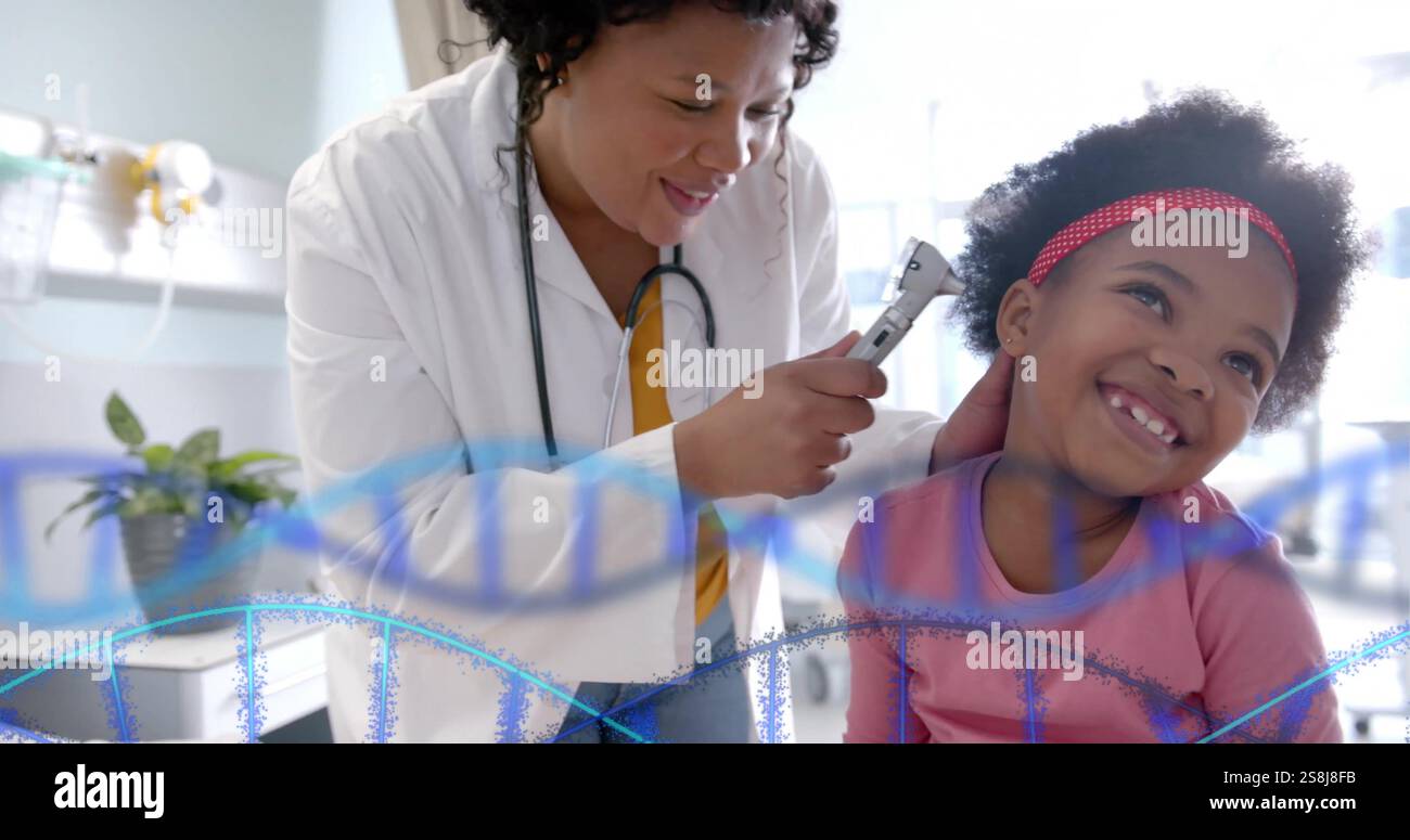 Image of dna strands over african american female doctor checking ear ...