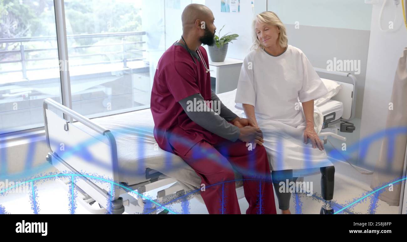 Image of dna strands over diverse male doctor and senior female patient ...