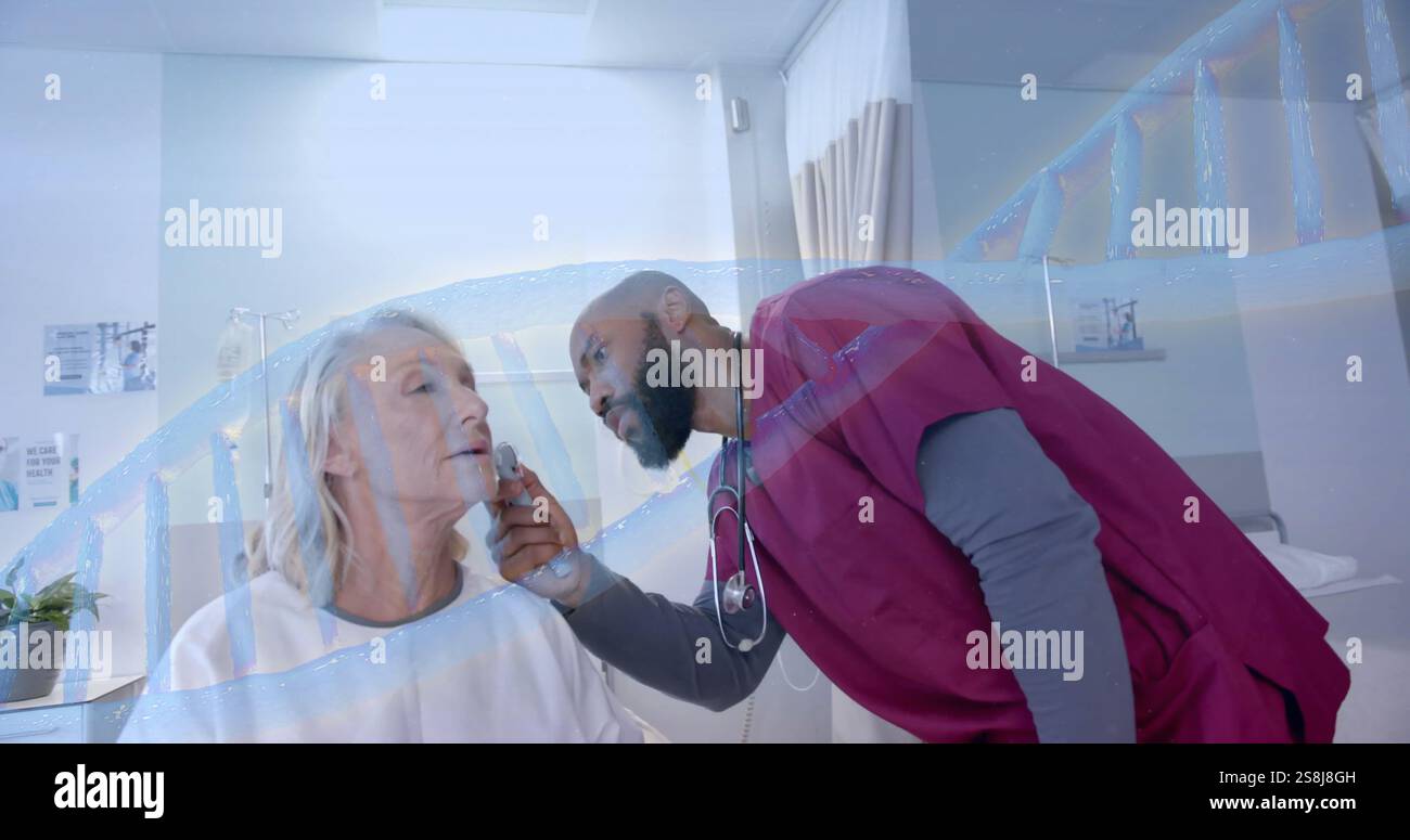 Image of dna strand rotating over diverse male doctor checking ear of ...