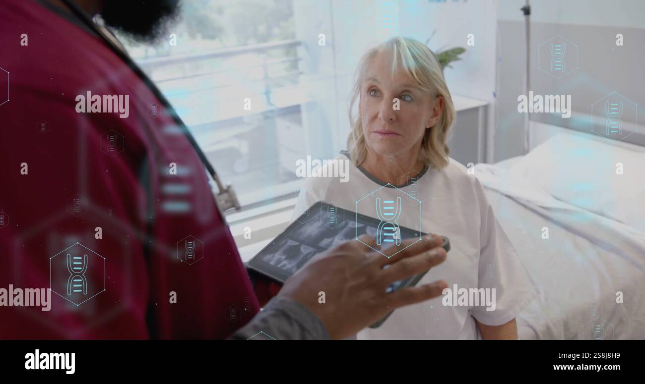 Image of dna scanner icons over diverse male doctor with tablet and ...
