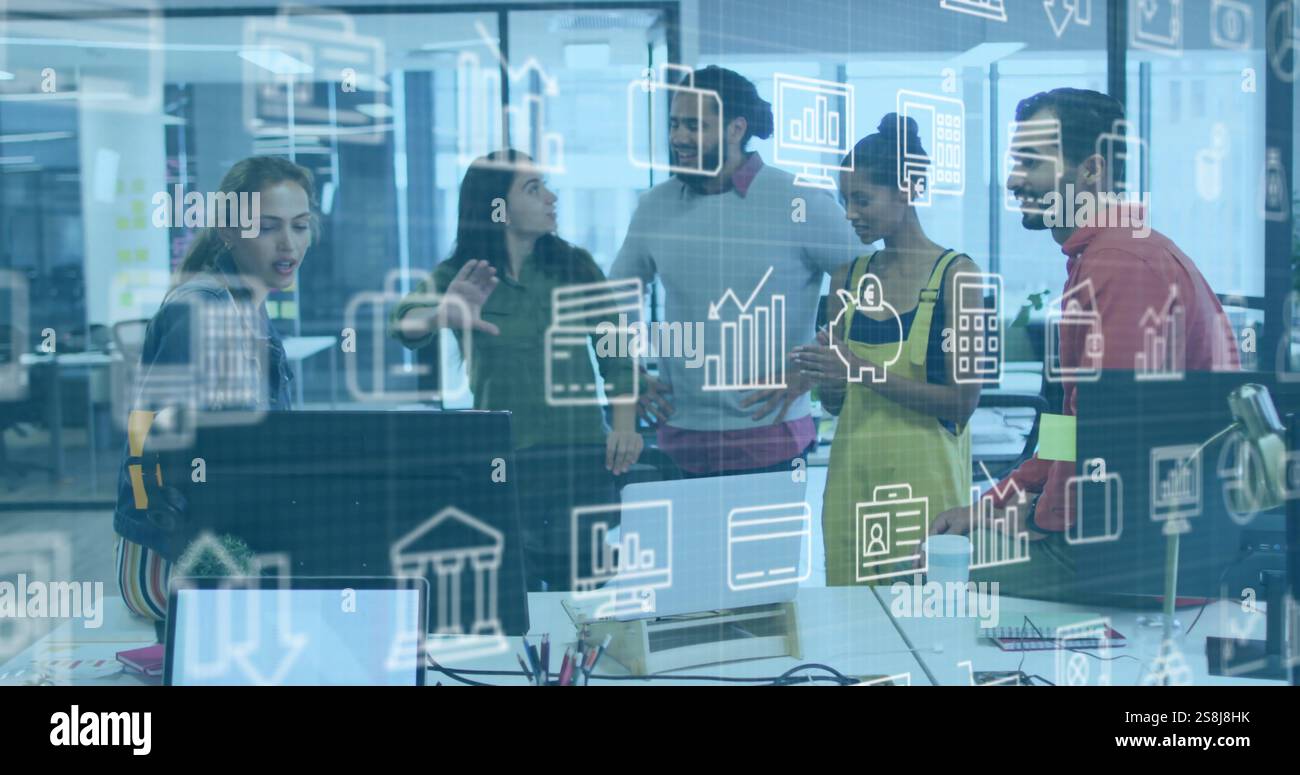 Image of business icons over diverse colleagues discussing work Stock ...