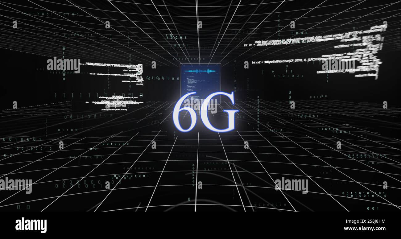 Image of 6g text, digital data processing over black background Stock ...