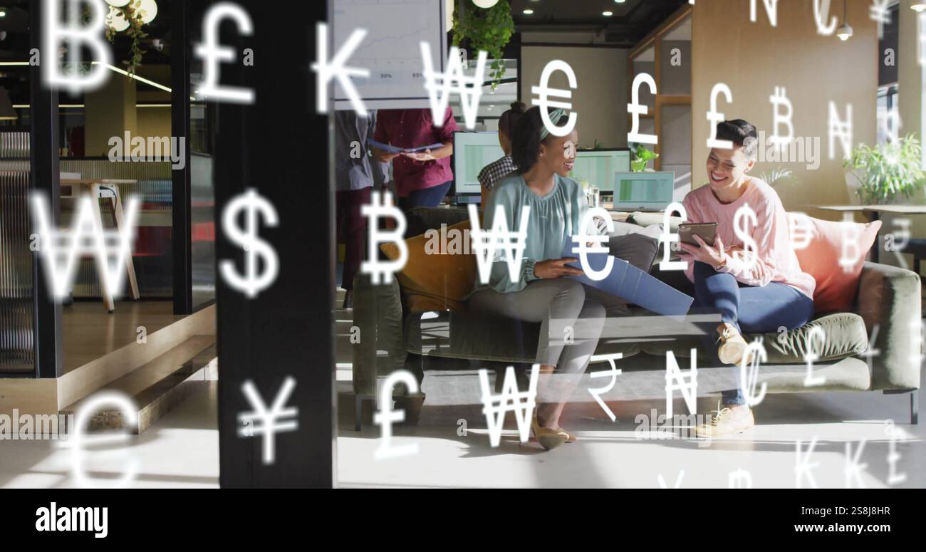 Image of currency symbols and data processing over diverse business ...