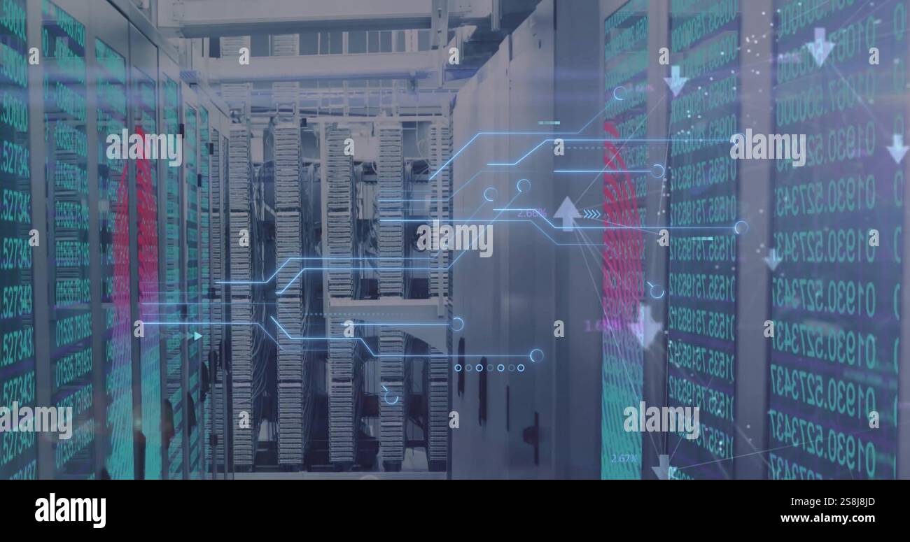 Image of data processing and network of connections over server room ...