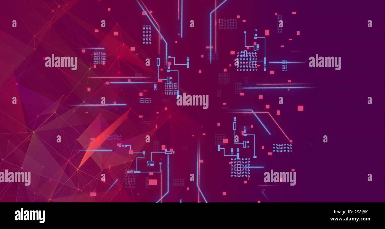 Image of computer circuit board and network of connections on purple ...