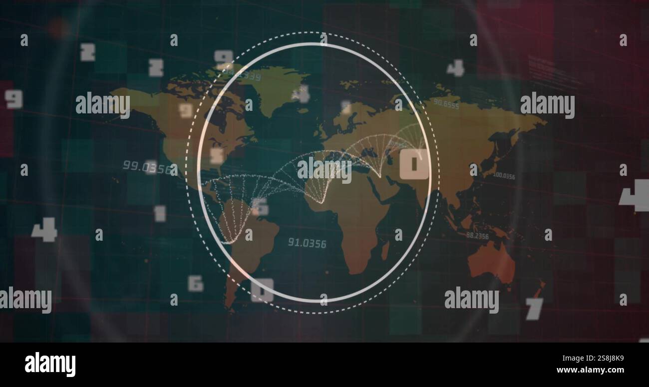 Image of dna strand and data processing over world map Stock Photo - Alamy