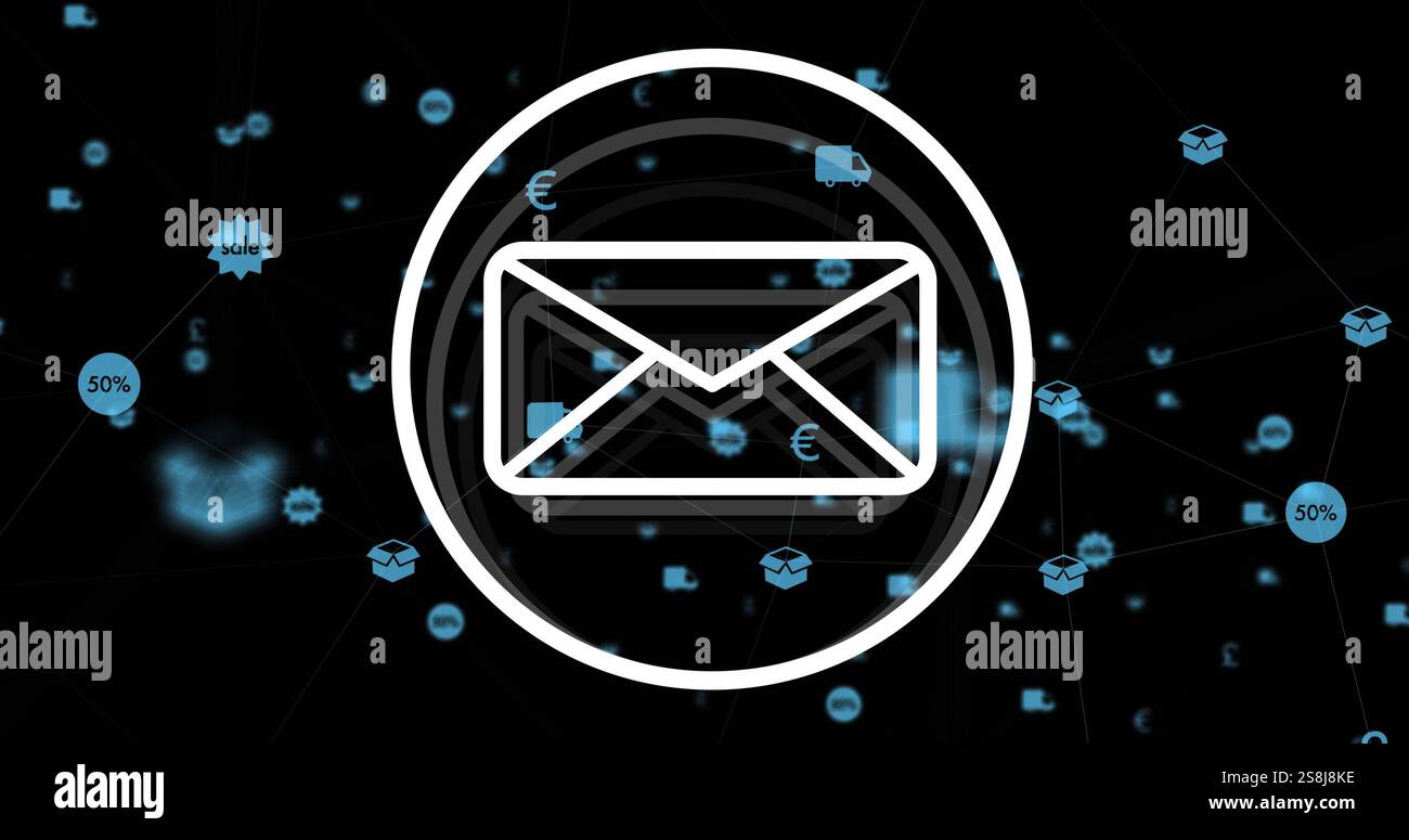 Image of email icon and network of connections on black background ...