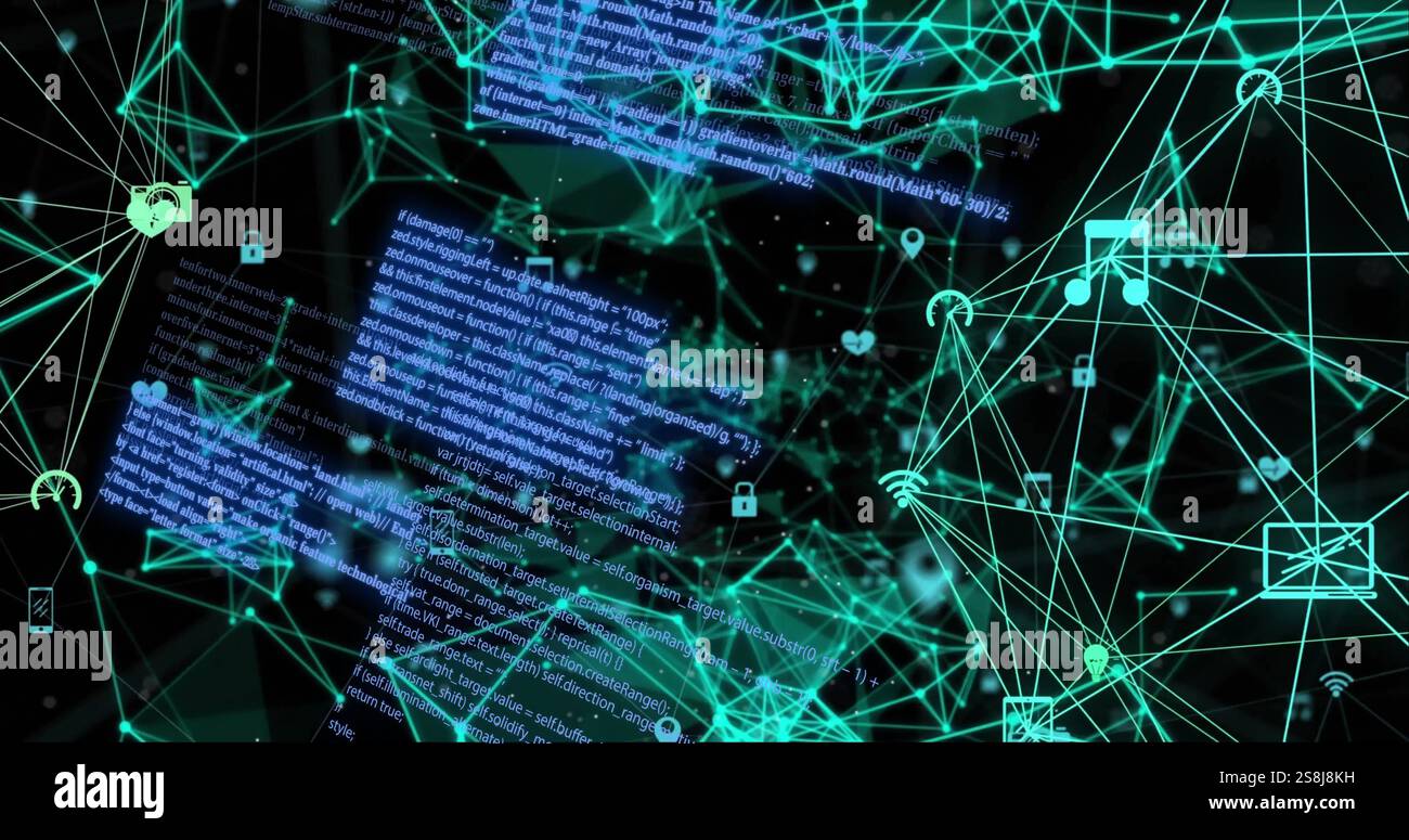 Image of data processing and network of connections with icons on black ...