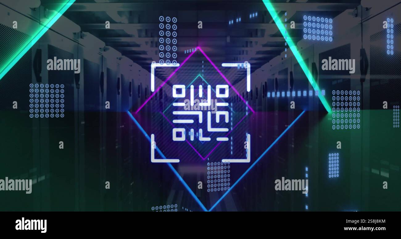 Image of qr code and shapes over server room Stock Photo - Alamy