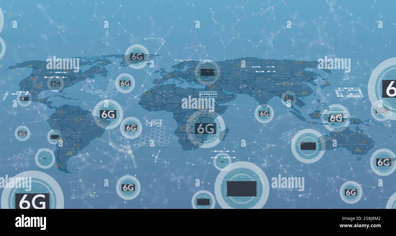 Image of 6g texts over world map and shapes Stock Photo - Alamy