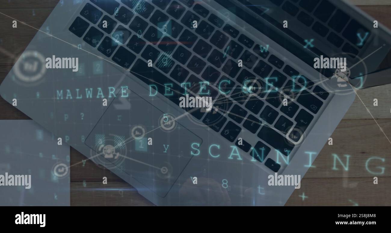 Image of malware detected text with network and data processing over laptop on desk Stock Photo ...