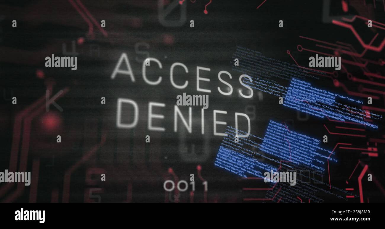 Image of data processing and computer circuit board with access denied on black background Stock ...