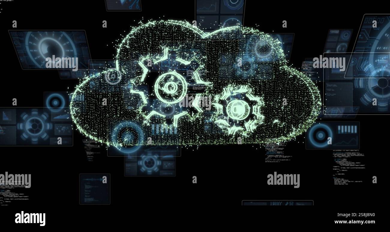 Image of digital cloud with cogs and data processing on black ...