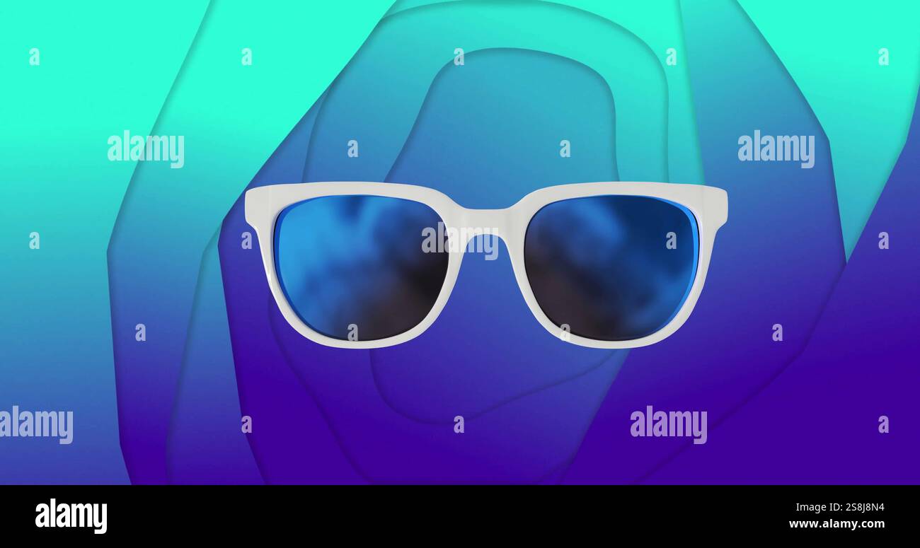 Image of changing spectacles and sunglasses over blue abstract liquid ...