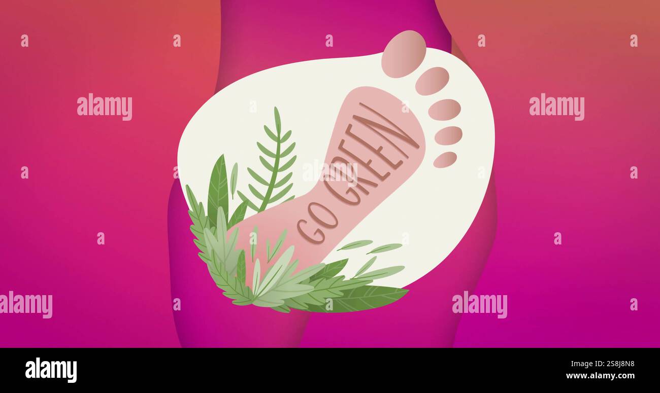 Image of go green text with footprint and plants over pink abstract ...