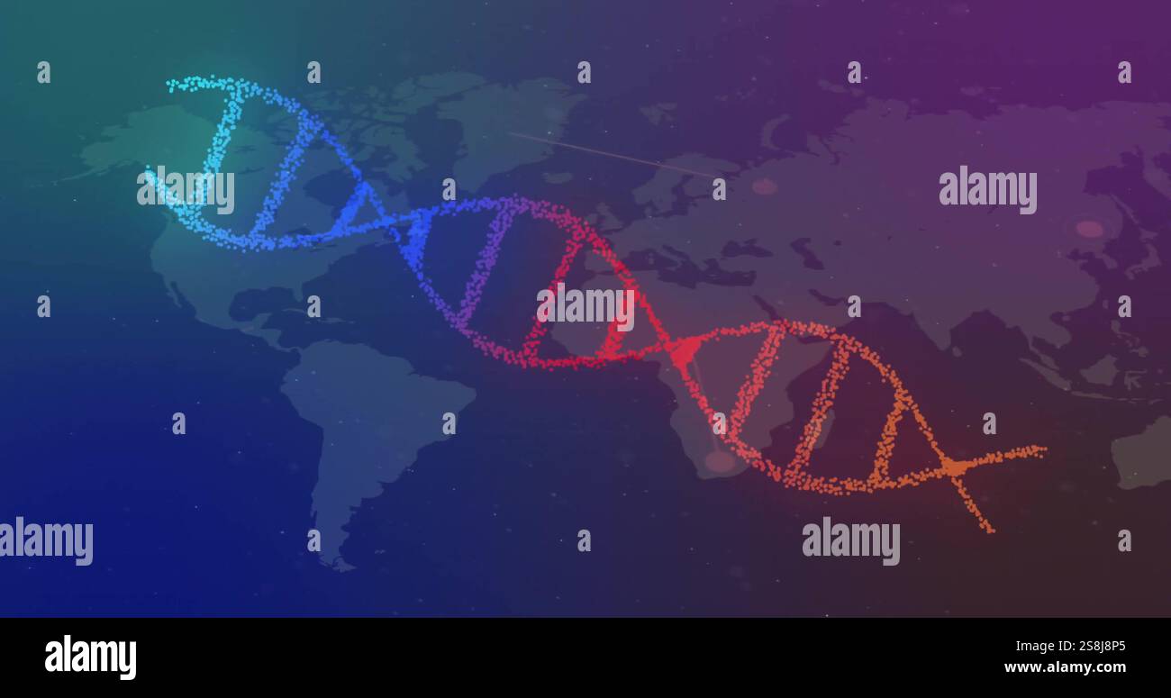 Image of dna strand and data processing over world map Stock Photo - Alamy