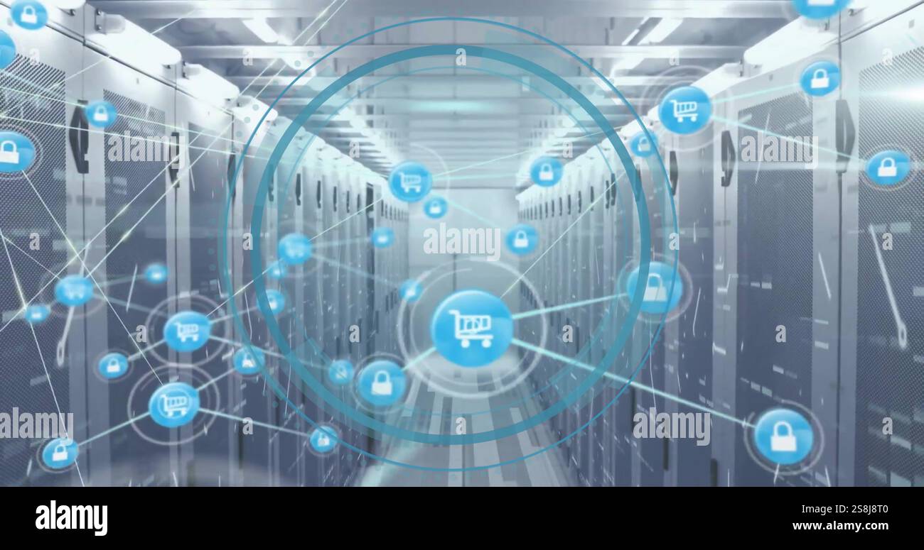 Image of network of connections with trolley icons over computer ...