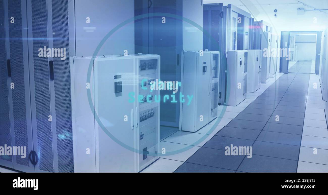 Image of cyber security text, digital data processing over computer servers Stock Photo - Alamy