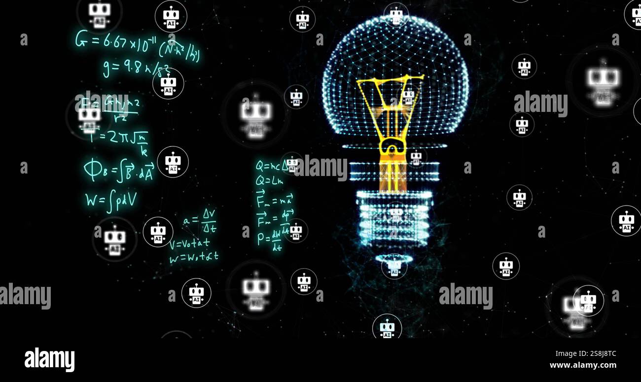 Image of light bulb with ai icons over mathematical equations on blue ...