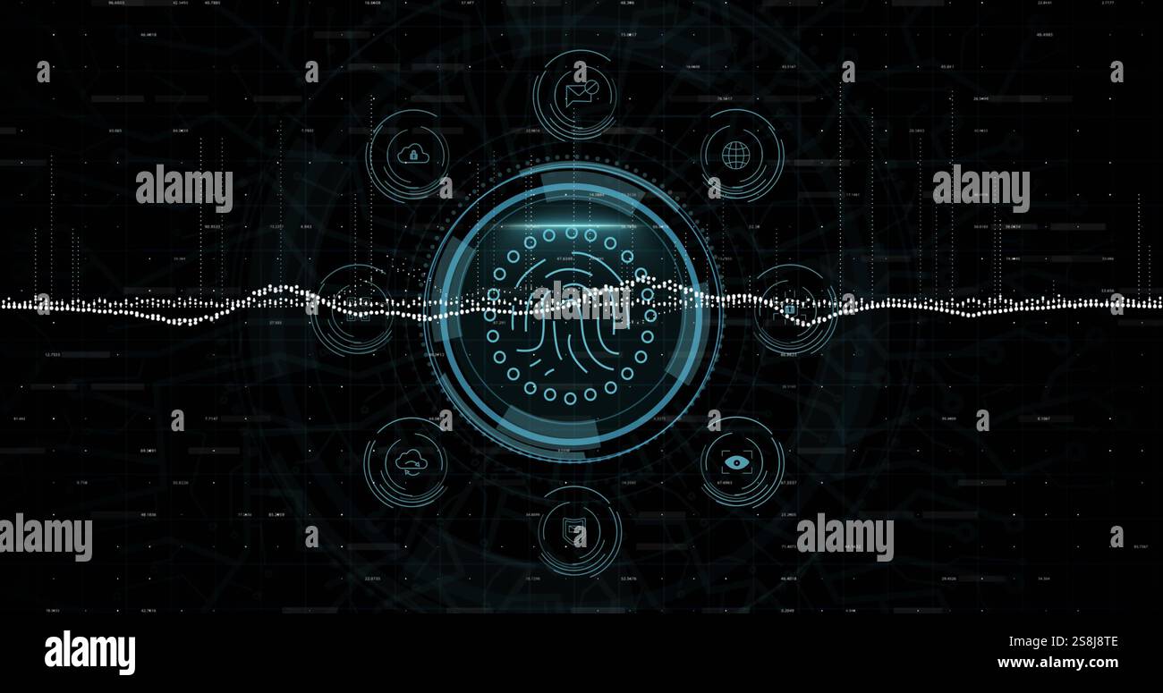 Image of digital data processing, icons over scope scanning on dark ...