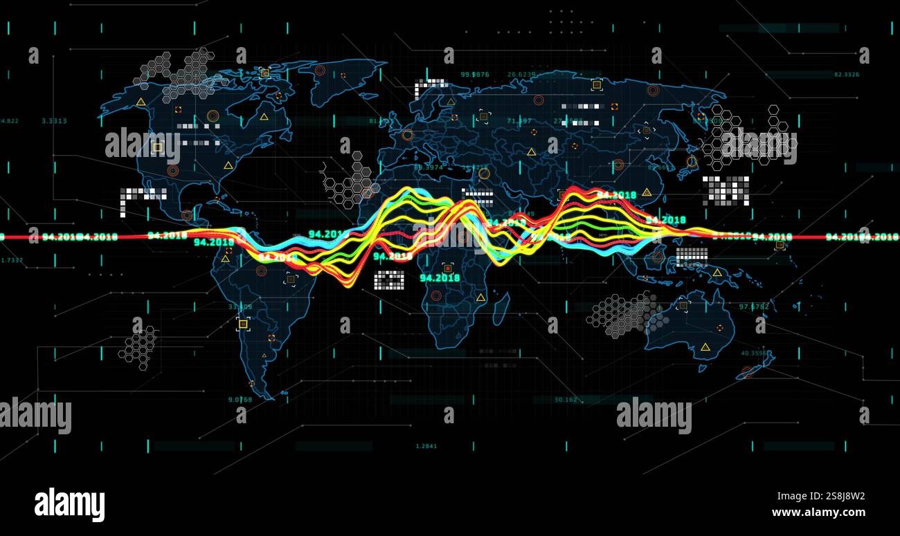 Image of digital data processing over world map on dark background ...