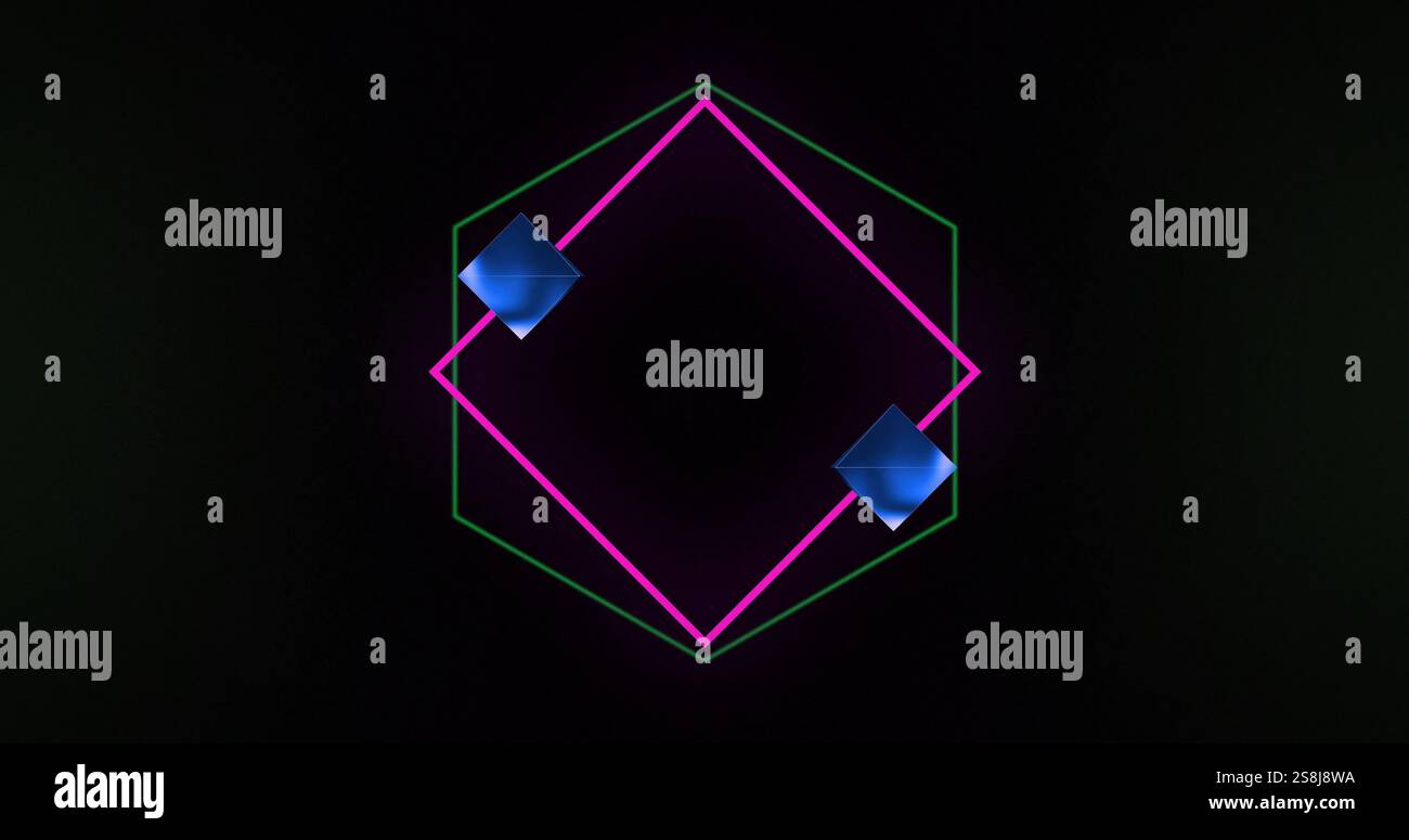 Image of interference over green hexagon, 3d diamonds and pink neon ...