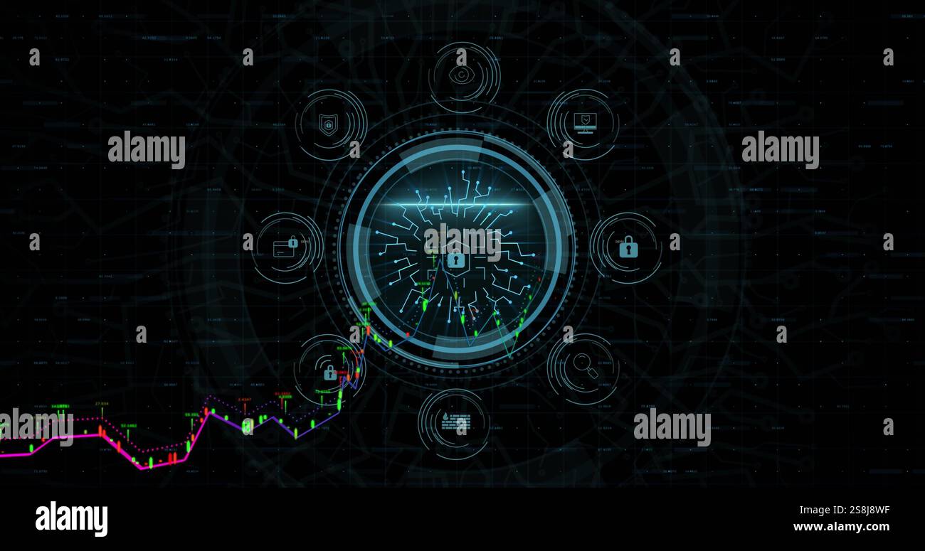 Image of digital data processing, icons over scope scanning on dark ...