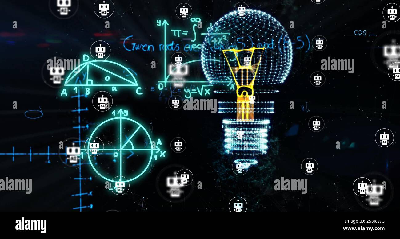 Image of light bulb with ai icons over mathematical equations on blue ...
