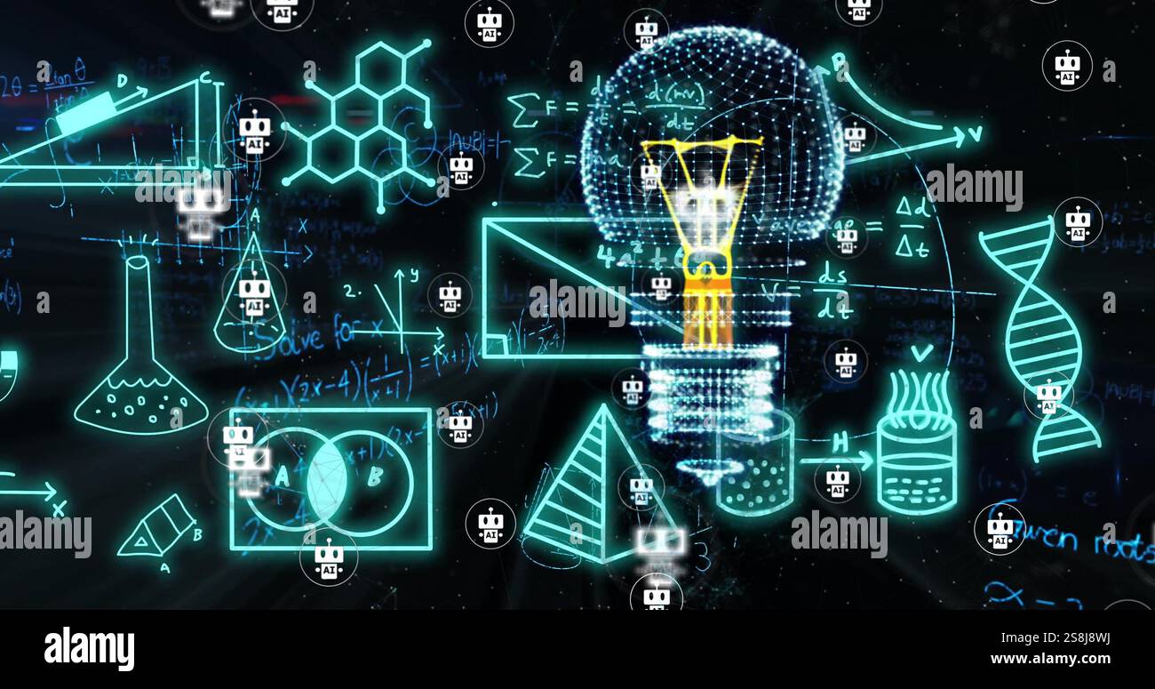 Image of light bulb with ai icons over mathematical equations on blue ...