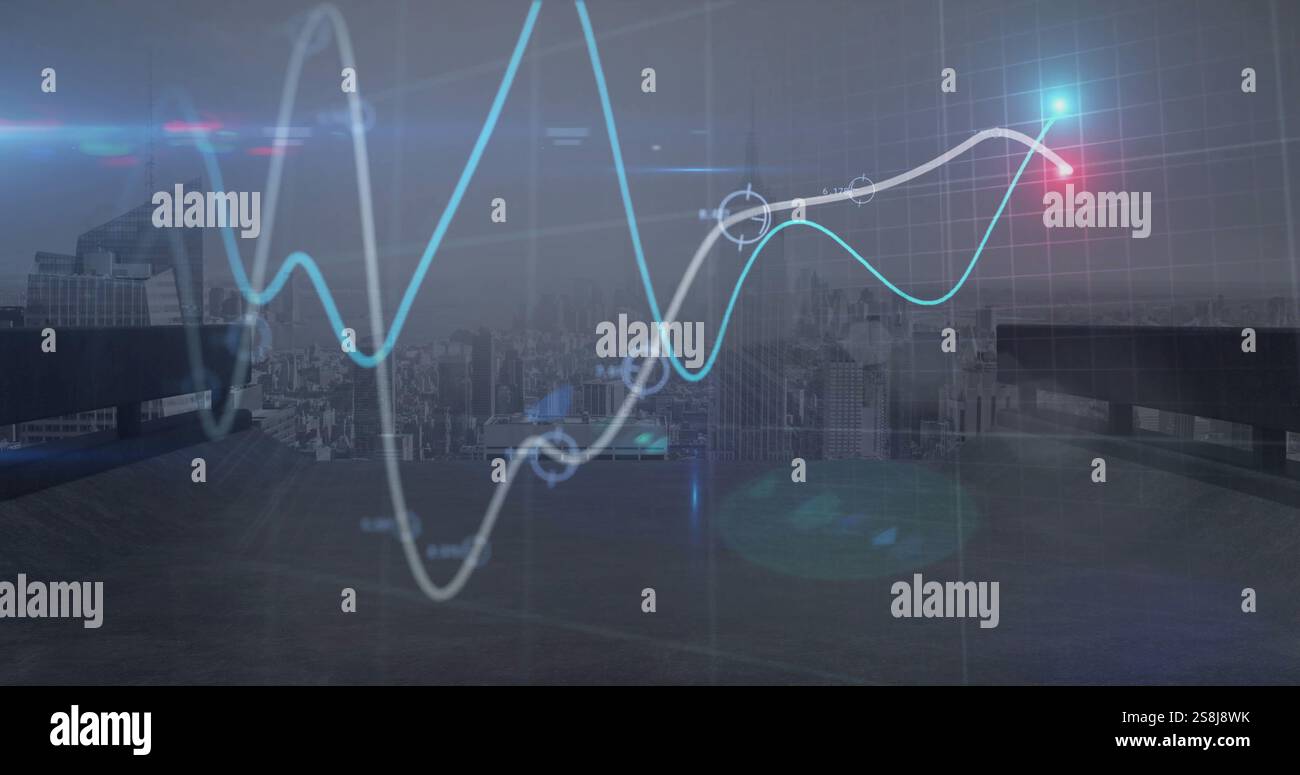 Image of glowing graph processing data over cityscape and cloudy grey ...
