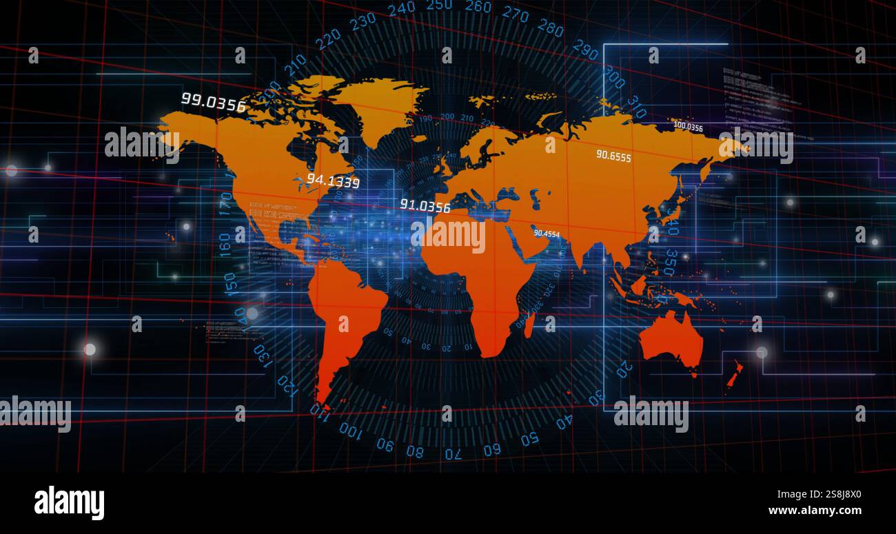 Image of digital data processing over world map on dark background ...