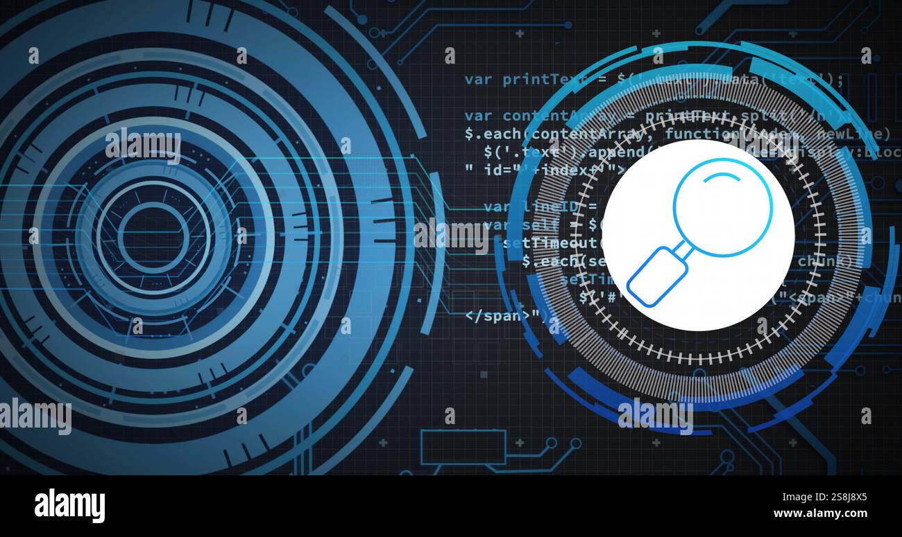 Image of data processing over blue circular scanners and search icon on ...