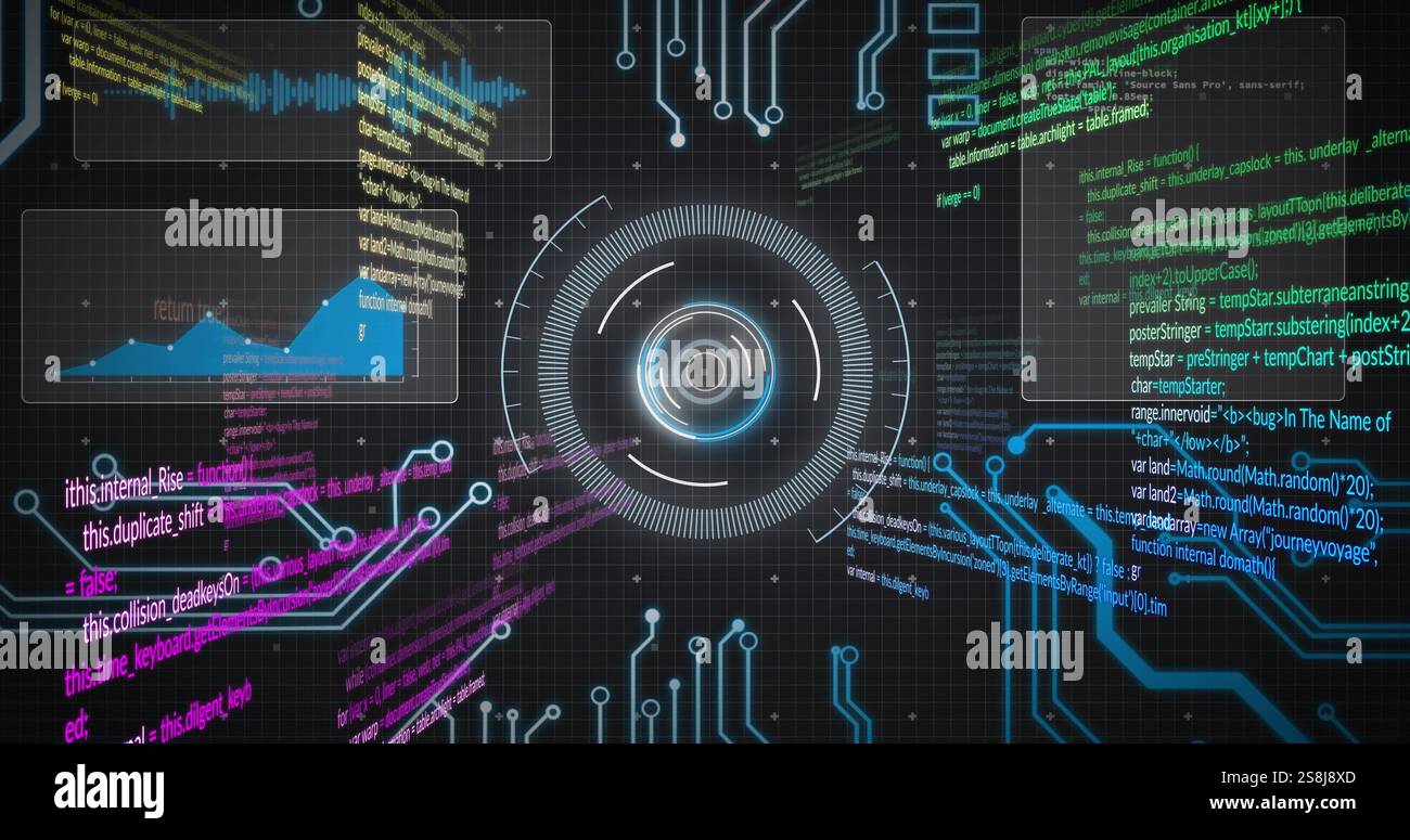 Image of data processing over motherboard network and circular scanner Stock Photo - Alamy